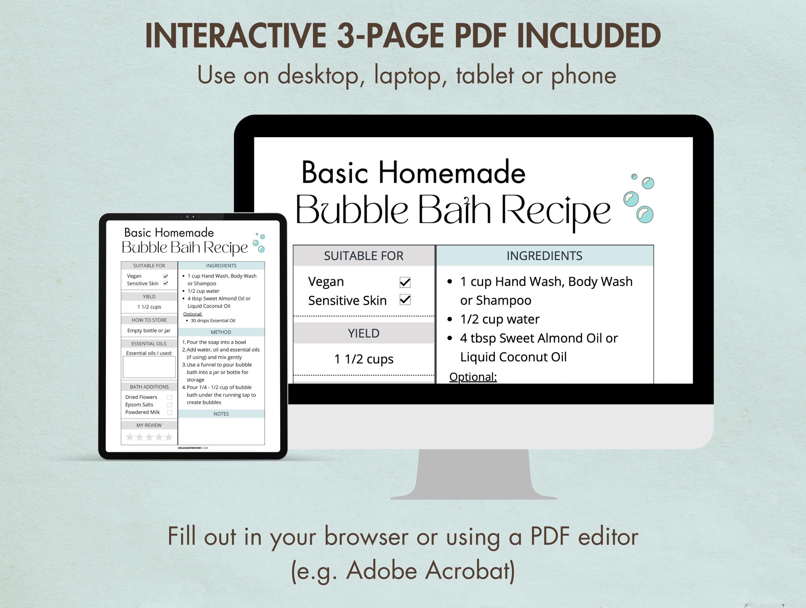 DIY Basic Bubble Bath Recipe Printable | Digital Homemade Bubble Bath ...