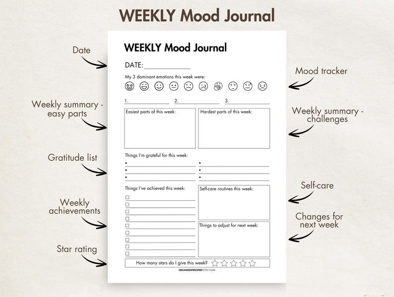 Weekly Mood Journal Printable & Digital Mood Chart Emotion Tracker Mood ...