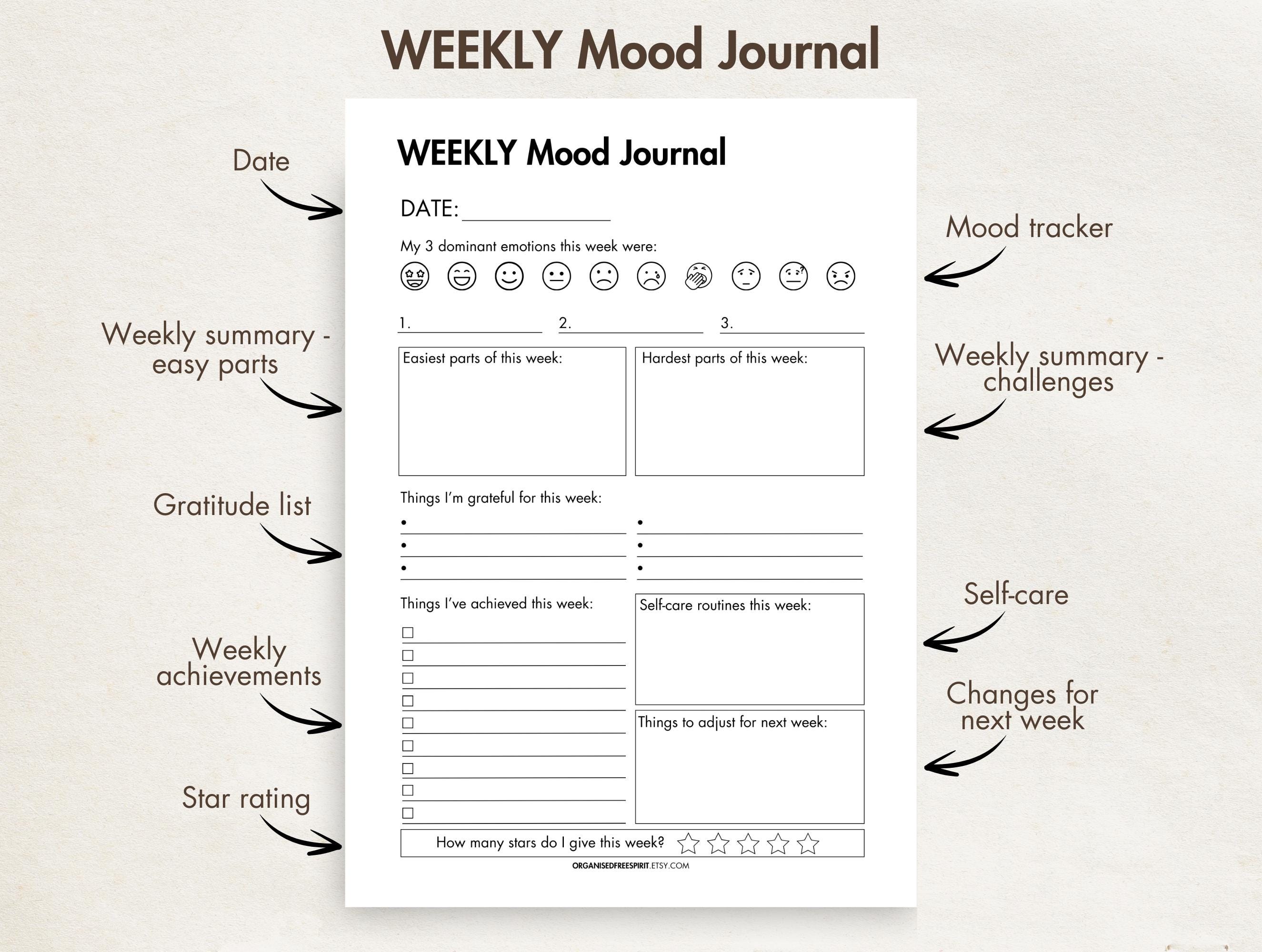 Weekly Mood Journal Printable & Digital Mood Chart Emotion Tracker Mood ...