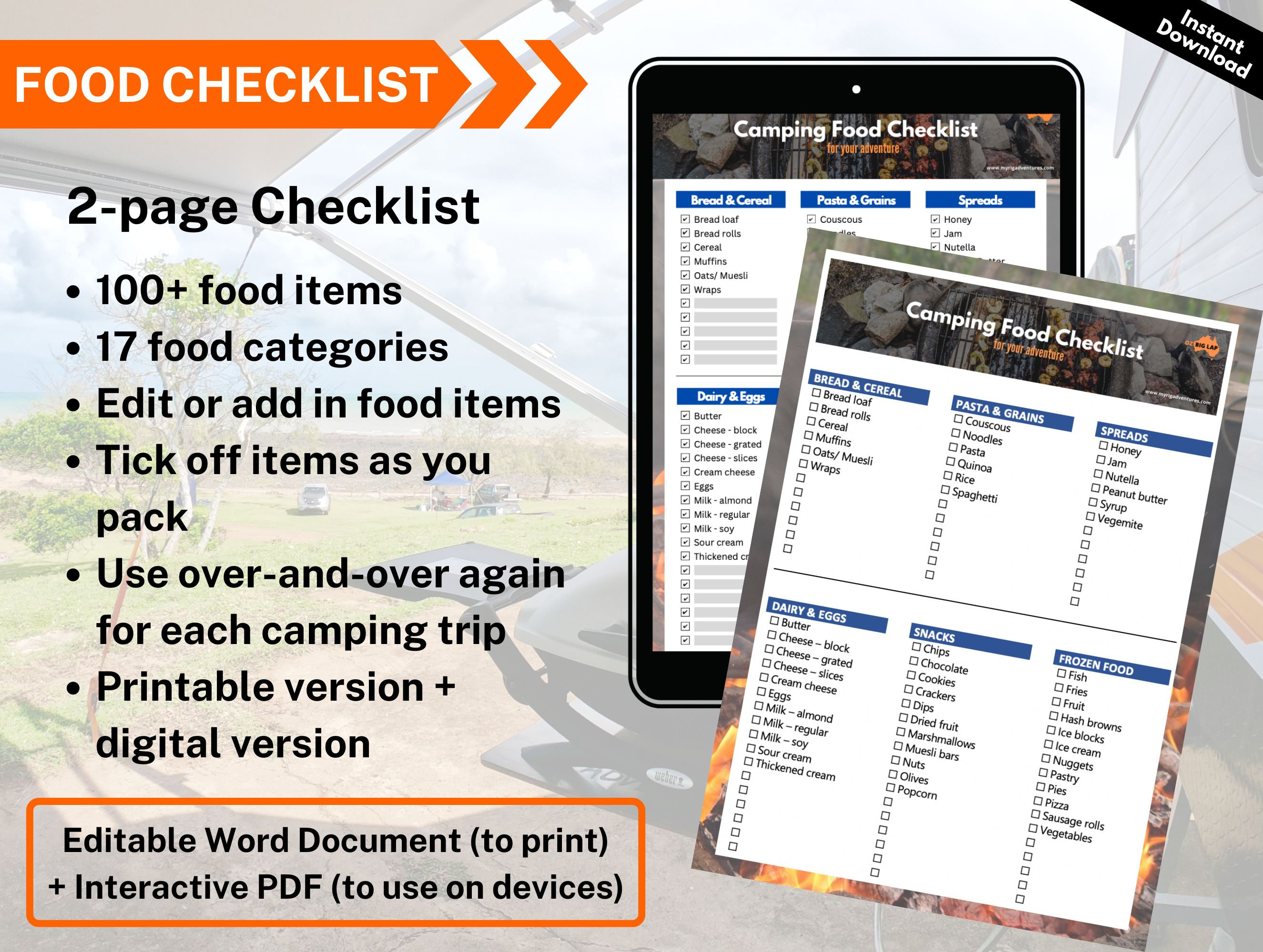 7-day Camping Menu Planner Printable Camping Food Checklist Digital RV ...