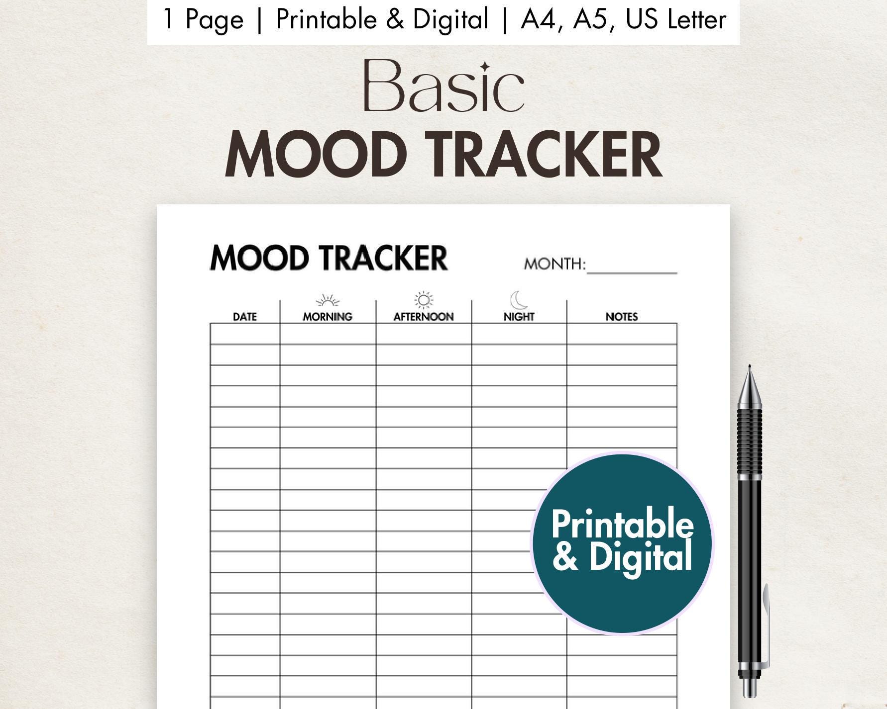 Basic Mood Tracker Printable & Digital PDF Simple Daily Mood Journal ...