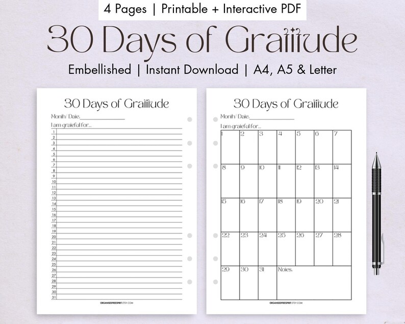 30 Days of Gratitude Journal Printable Digital Monthly Gratitude ...