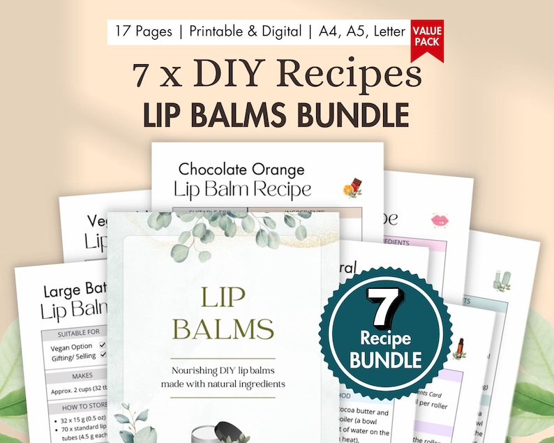 7 X DIY Lip Balm Recipe Cards Printable | Digital Homemade Lip Balm PDF ...