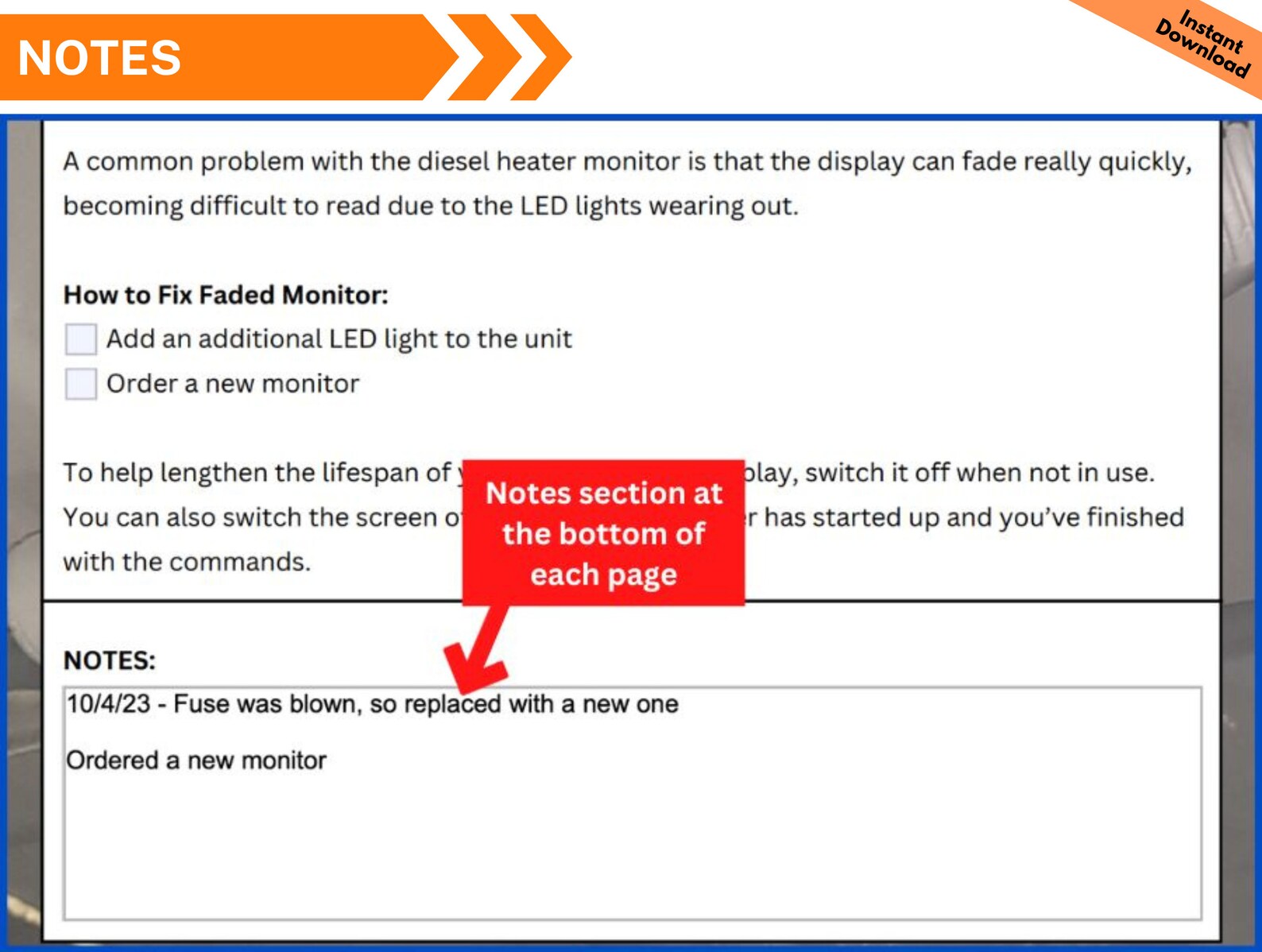 RV Diesel Heater Cheat Sheet Printable & Digital Caravan Maintenance ...