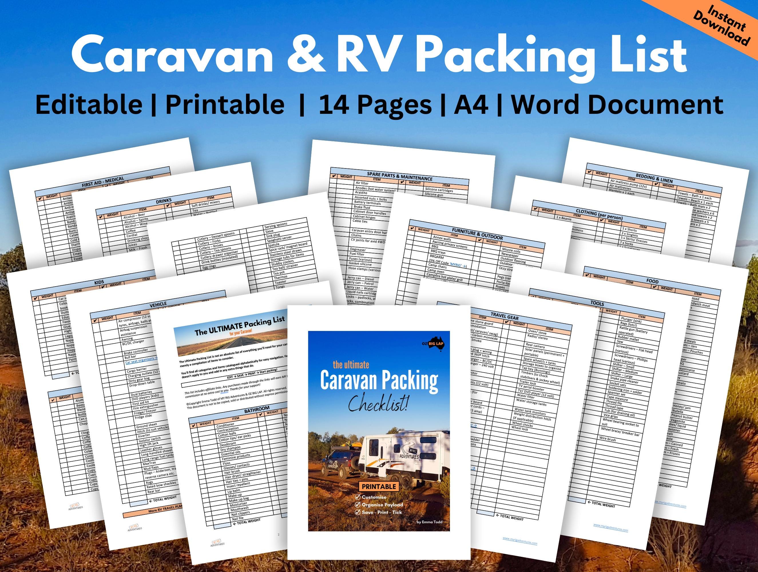 Caravan Packing Checklist Printable RV Planner Motorhome Packing List ...
