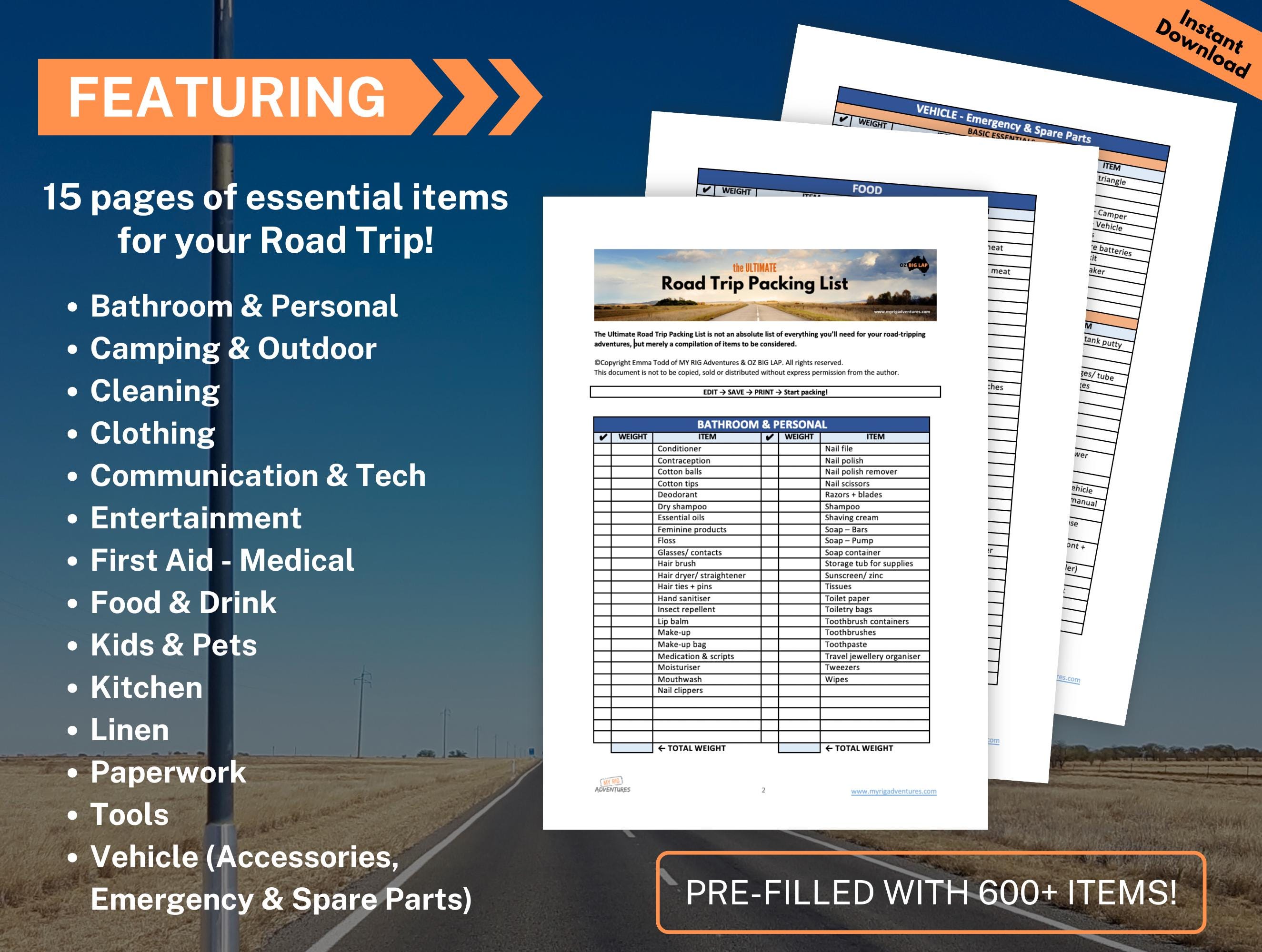 Road Trip Packing List Printable Travel Packing Checklist Camping ...