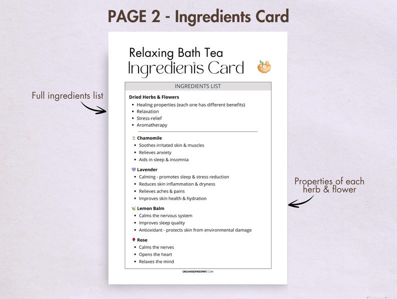 DIY Bath Tea Recipe Card Printable Digital Bath Tea Bag Homemade Herbal ...