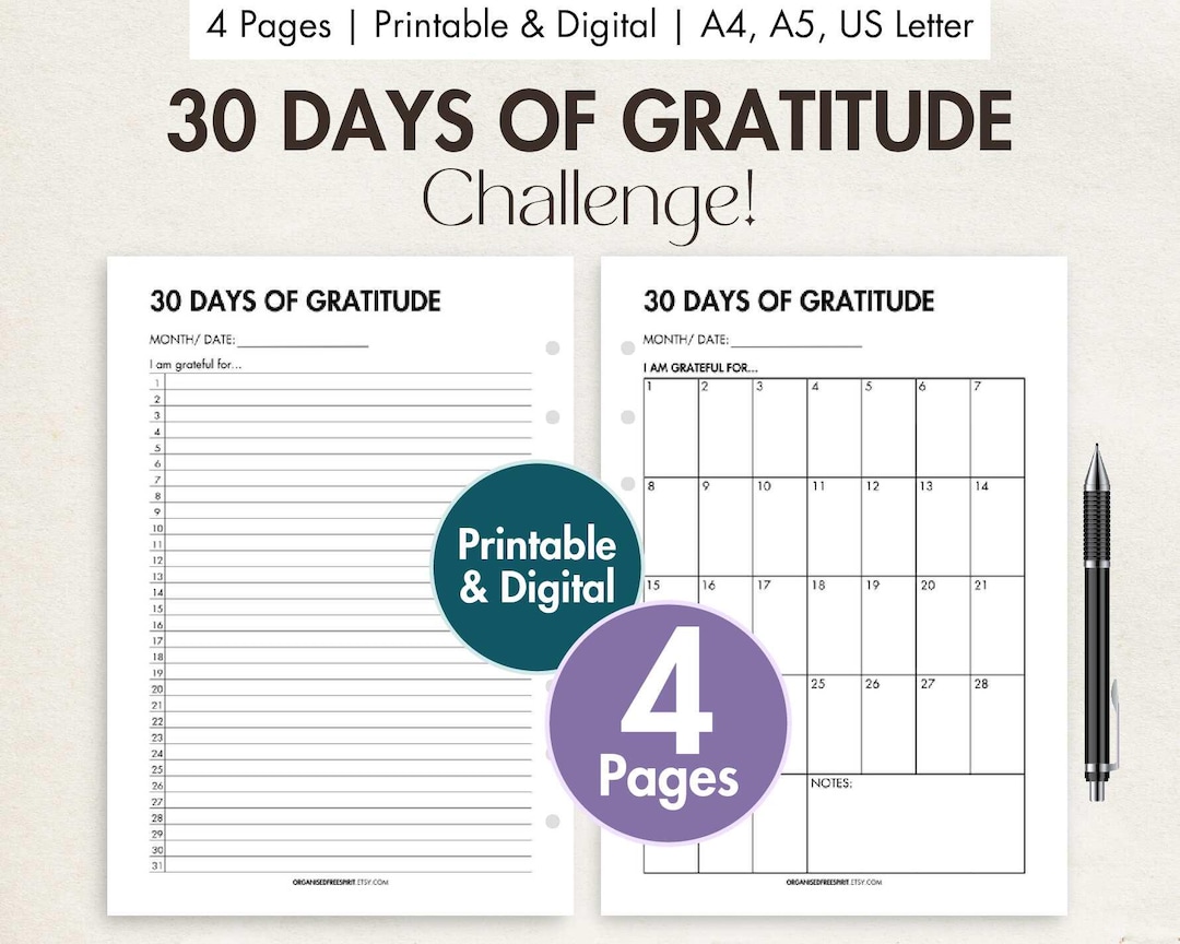 30 Days of Gratitude Journal Challenge Printable Digital Monthly ...