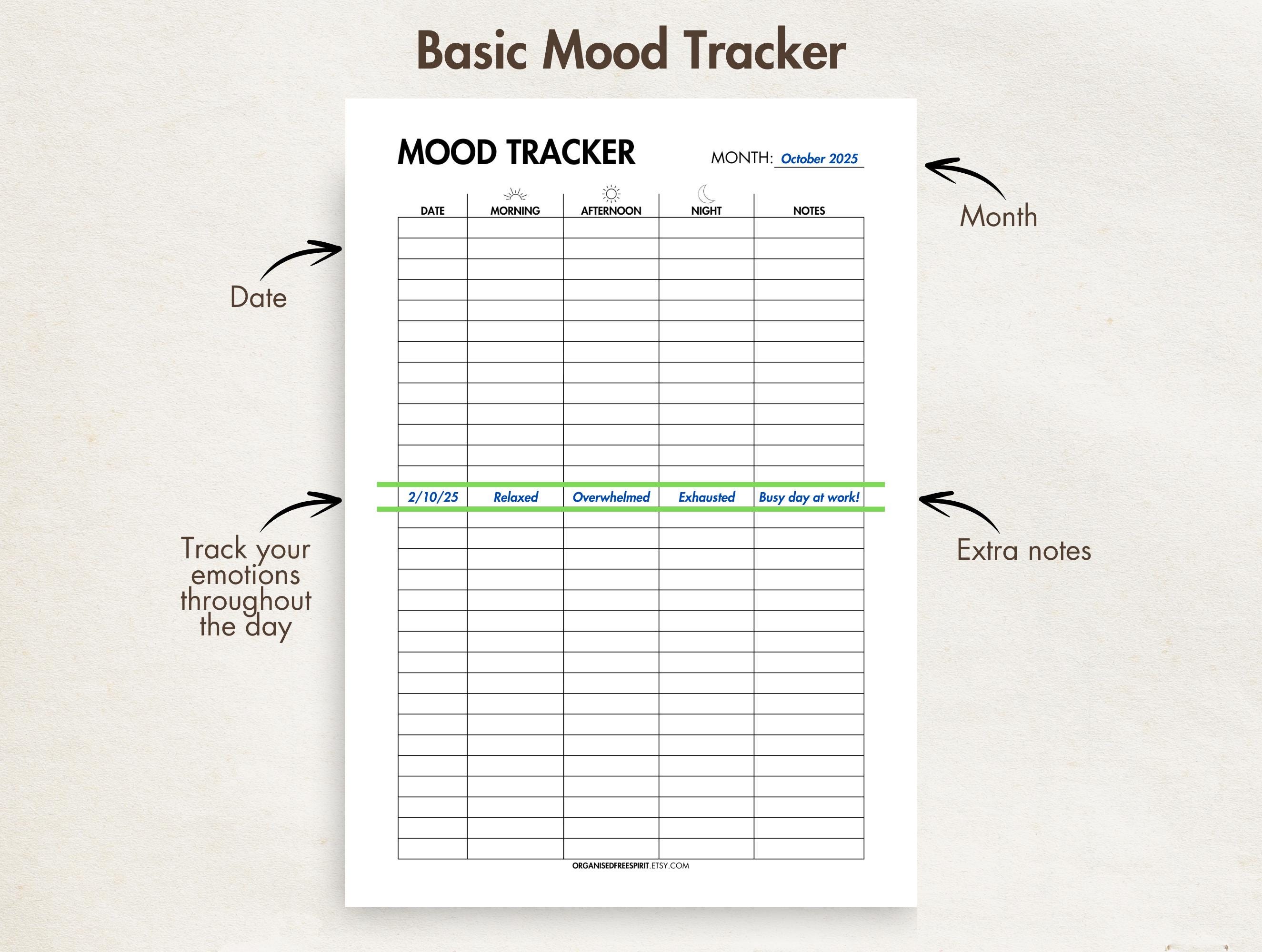 Basic Mood Tracker Printable & Digital PDF Simple Daily Mood Journal ...