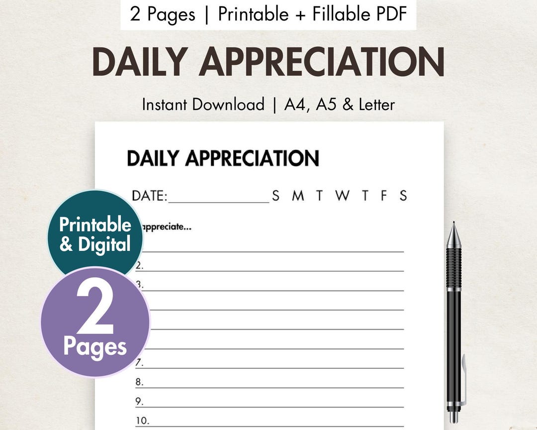 Daily Appreciation Journal Printable Digital Daily Gratitude Journal ...