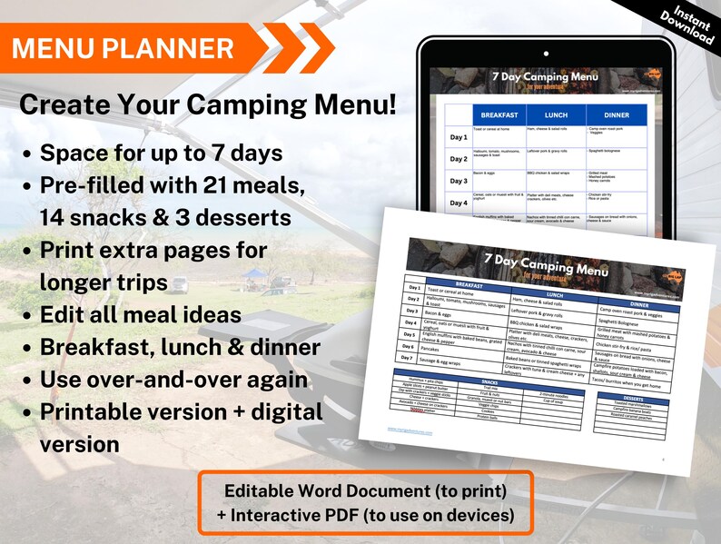 7-day Camping Menu Planner Printable Camping Food Checklist Digital RV ...