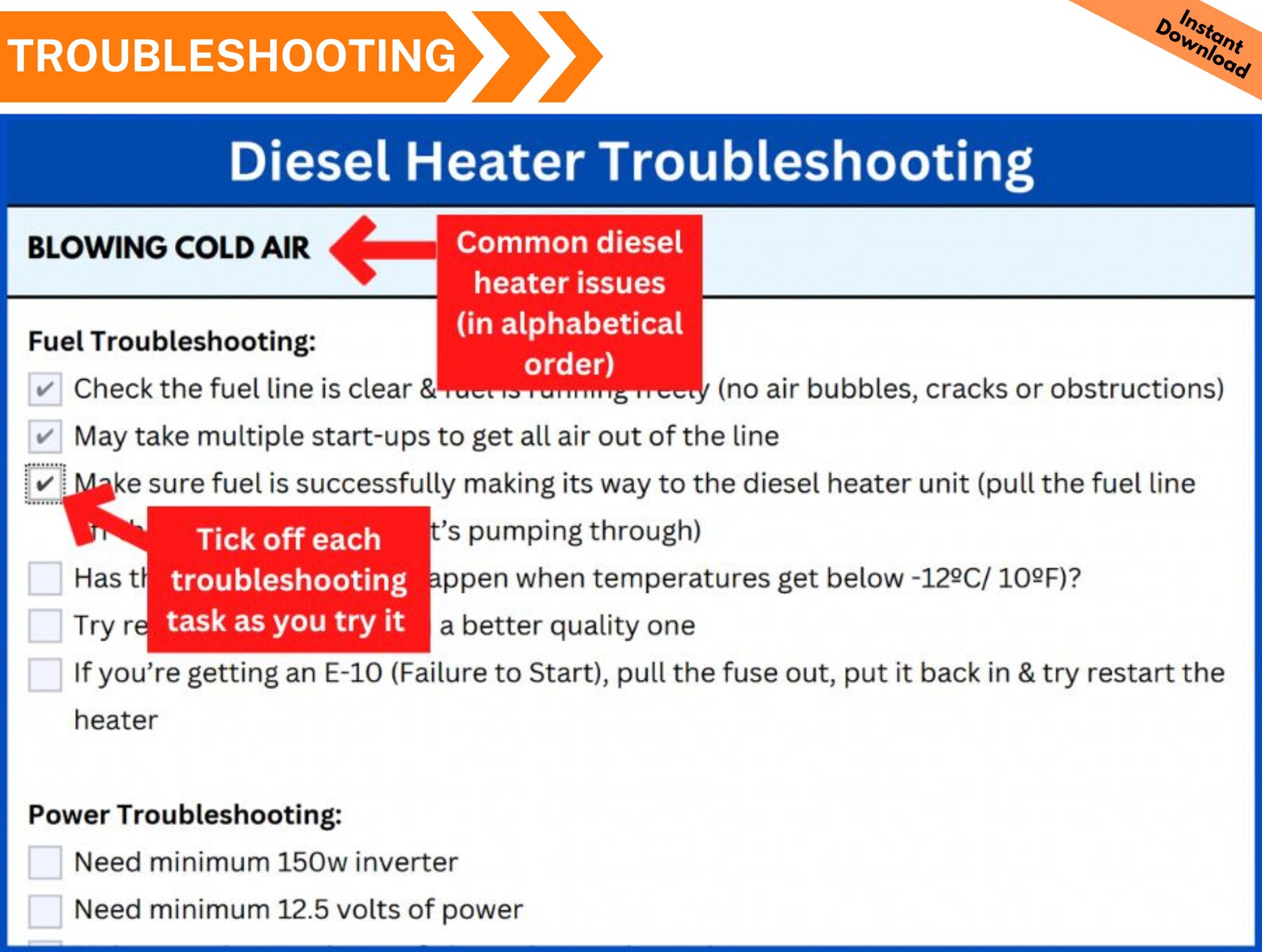RV Diesel Heater Cheat Sheet Printable & Digital Caravan Maintenance ...