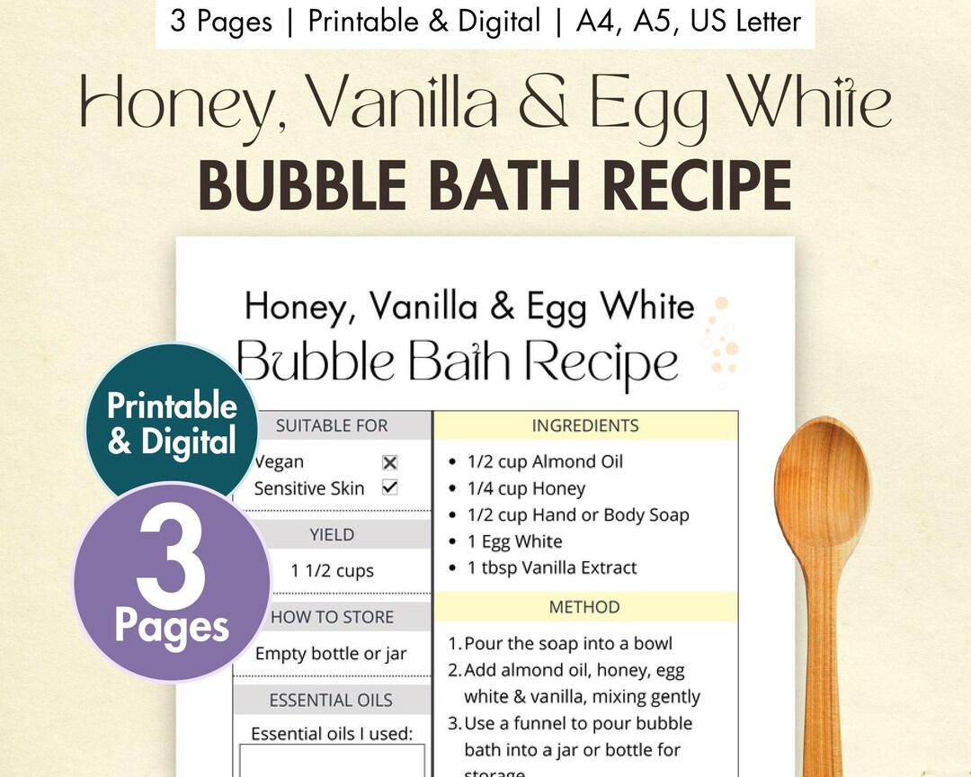 DIY Honey Vanilla & Egg White Bubble Bath Recipe Printable Digital Homemade Bubble Bath Template ...