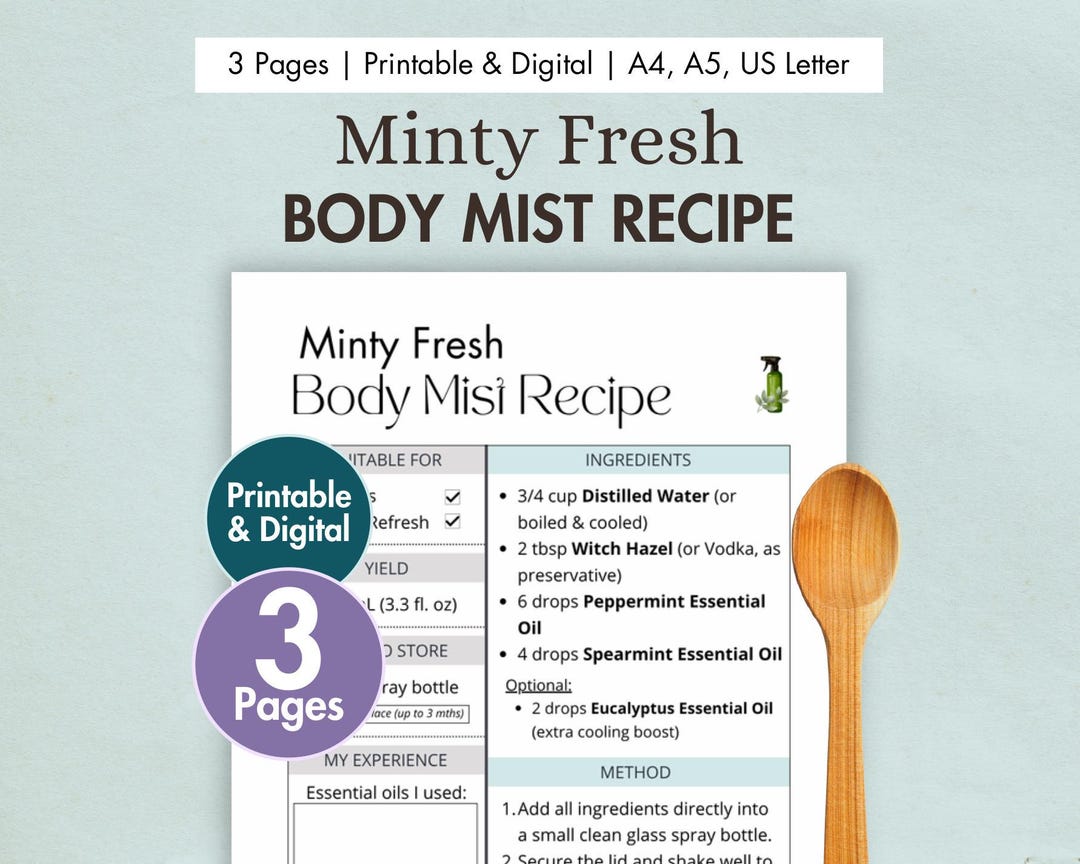 DIY Minty Fresh Body Mist Recipe Printable | Cooling Aromatherapy Spray ...