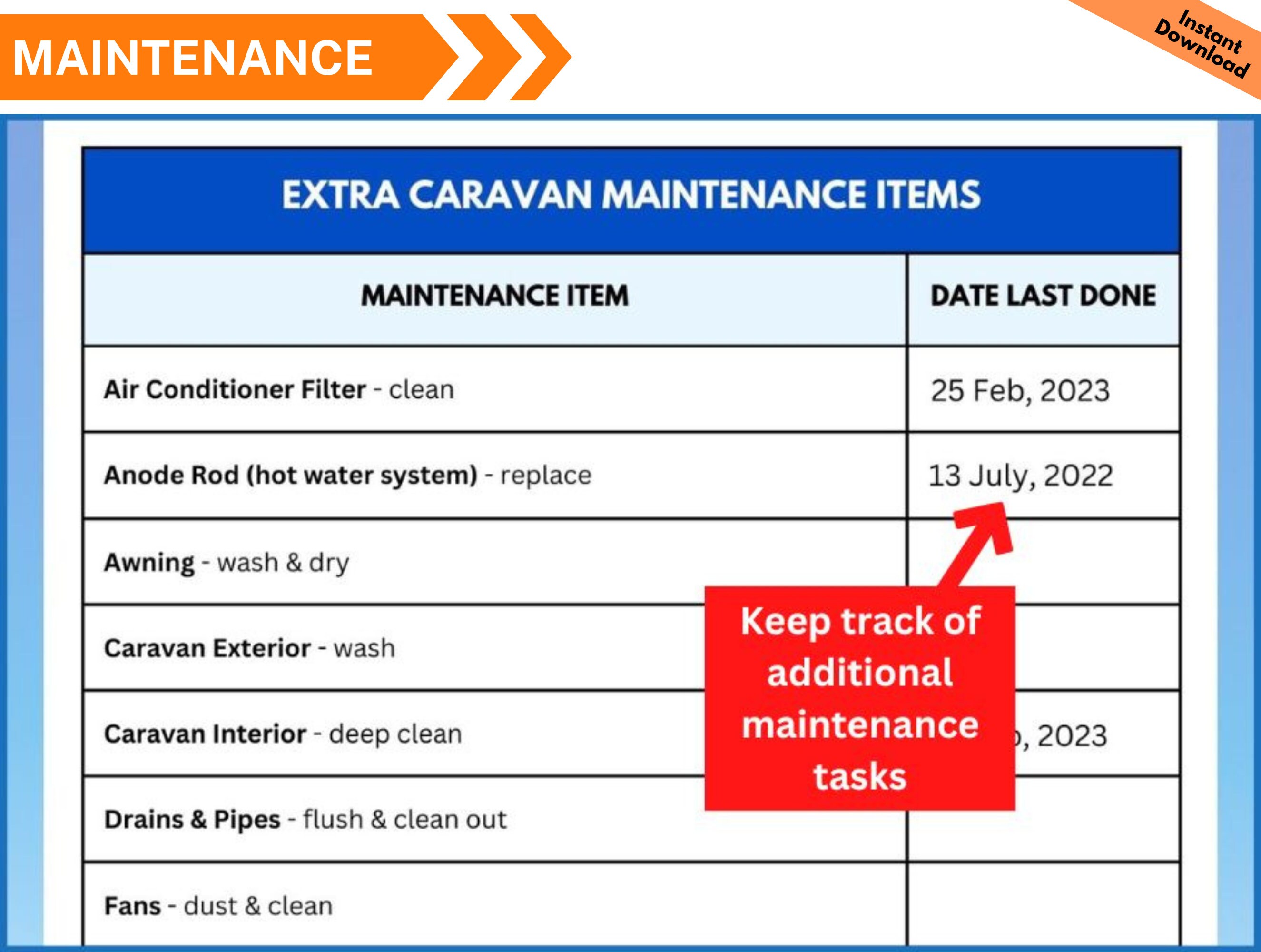 Caravan Maintenance & Service Log Printable Digital RV Maintenance ...