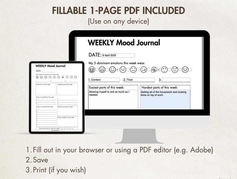Weekly Mood Journal Printable & Digital Mood Chart Emotion Tracker Mood ...