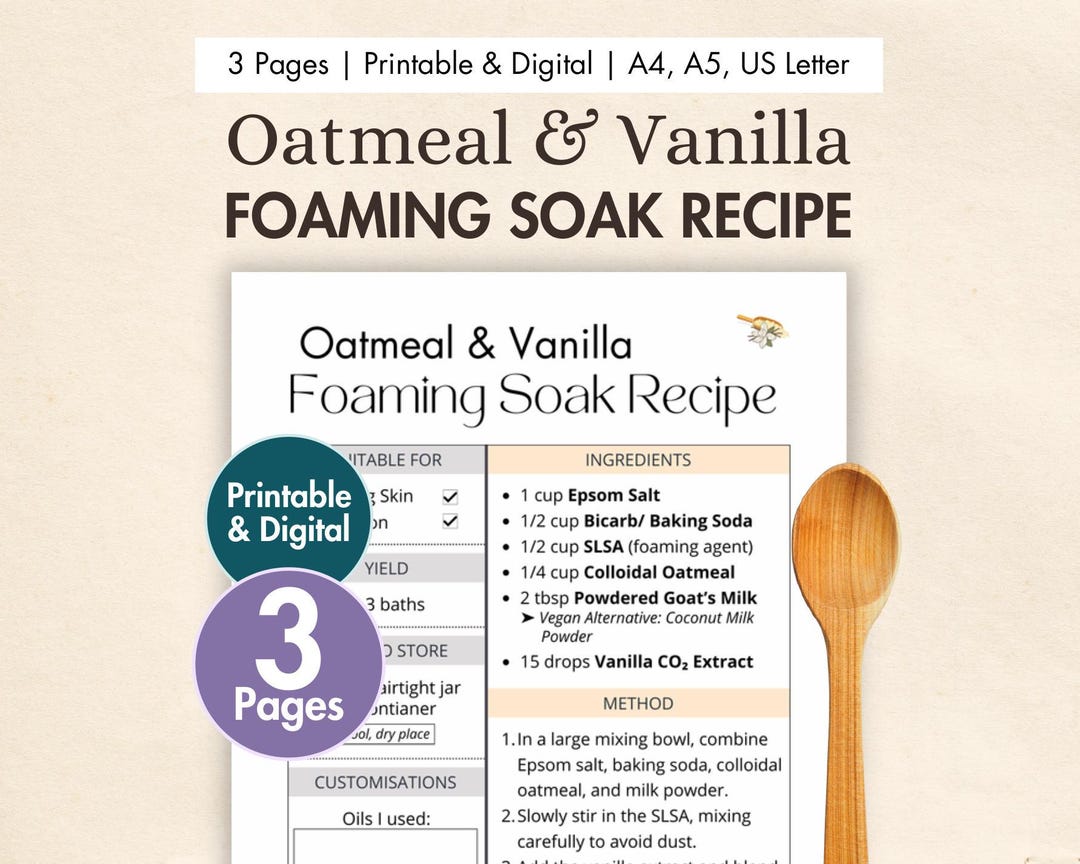 DIY Oatmeal & Vanilla Foaming Bath Soak Recipe Printable | Digital ...