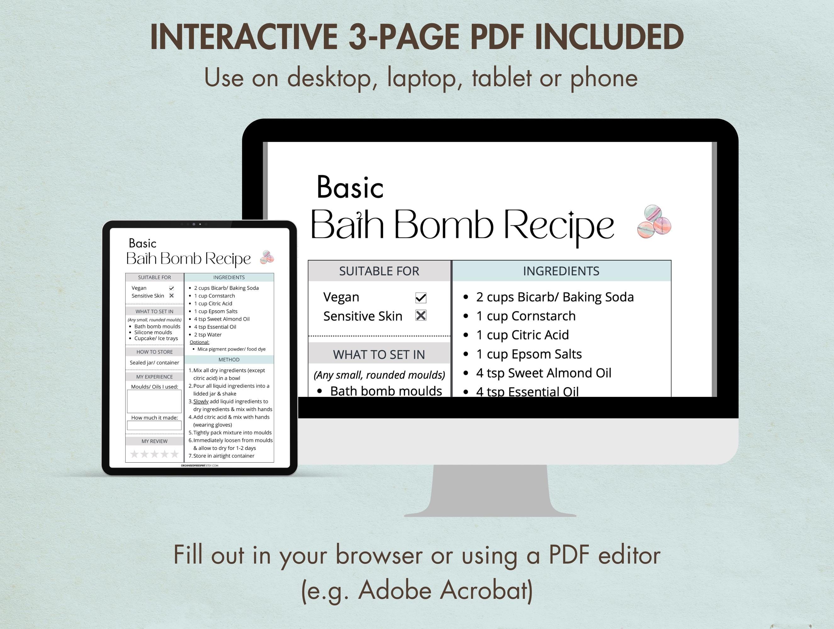 DIY Basic Bath Bomb Recipe Card Printable & Digital Bath Bomb Planner ...