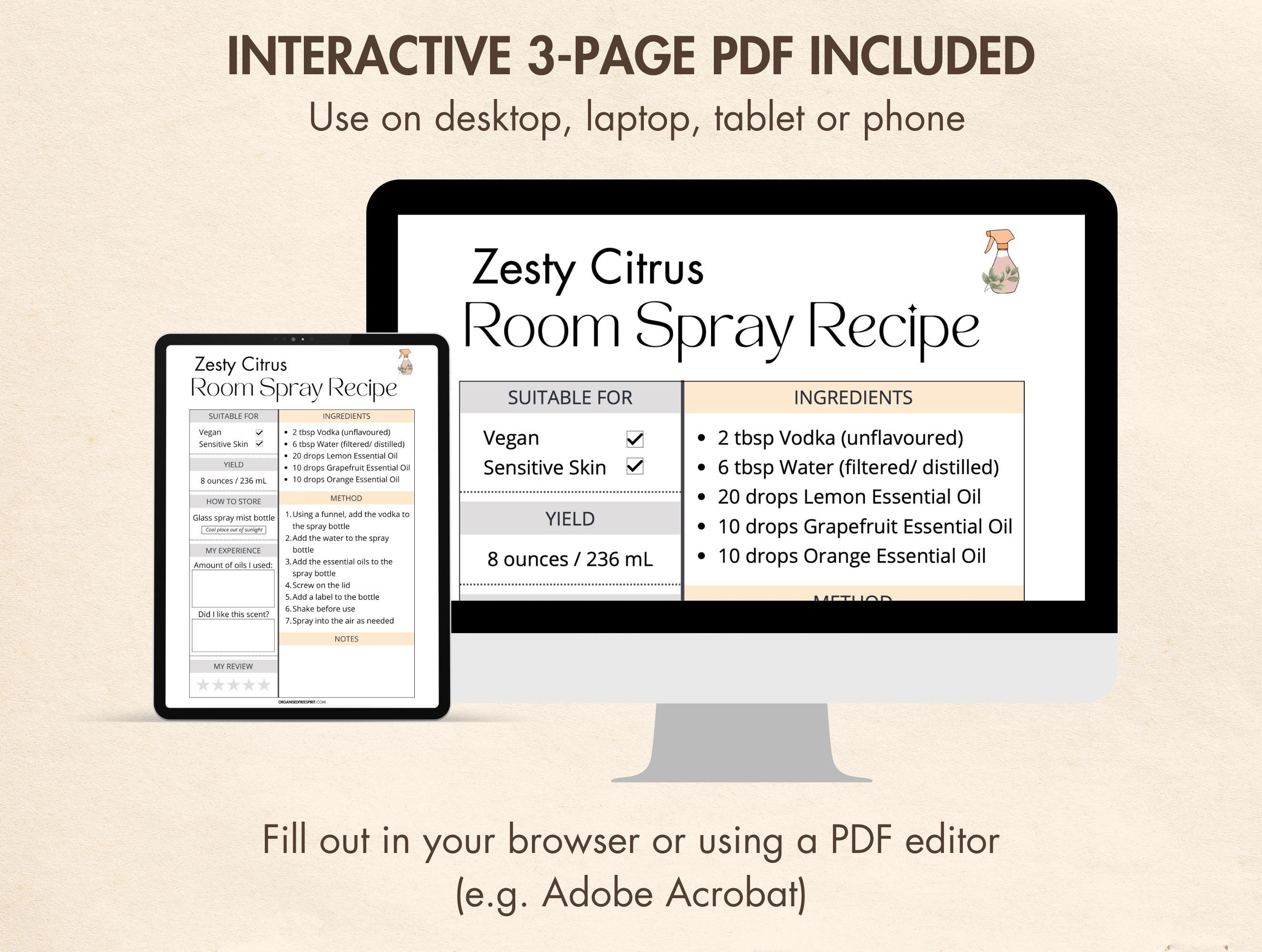 DIY Zesty Citrus Room Spray Recipe Printable Digital Air Freshener Recipe Card Homemade ...