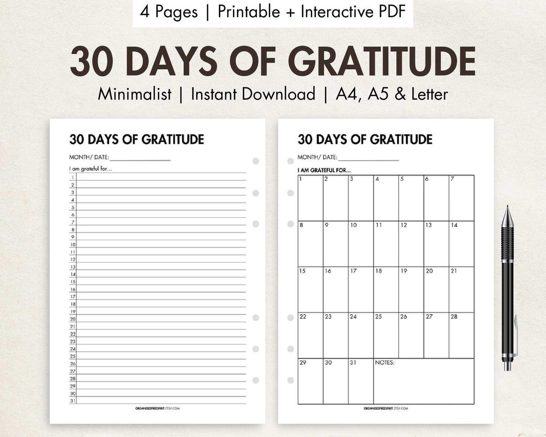 30 Days of Gratitude Journal, Printable Digital PDF, Monthly Gratitude ...