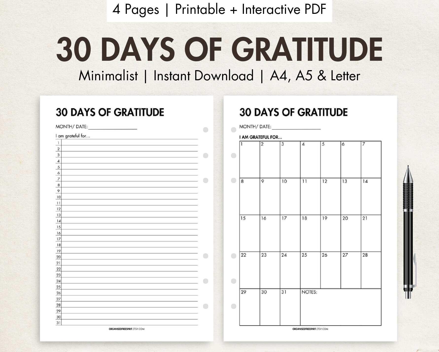 30 Days of Gratitude Journal, Printable Digital PDF, Monthly Gratitude ...