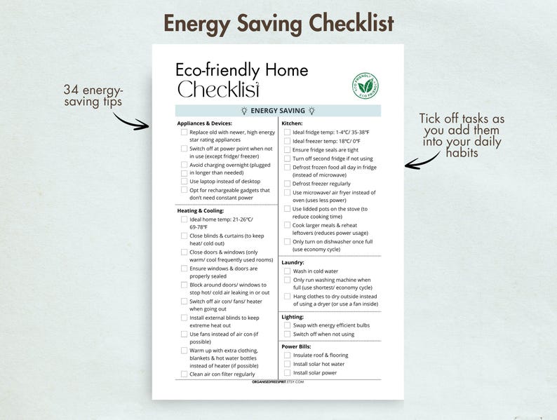 Energy Saving Checklist Printable & Digital Eco-friendly Home Planner ...