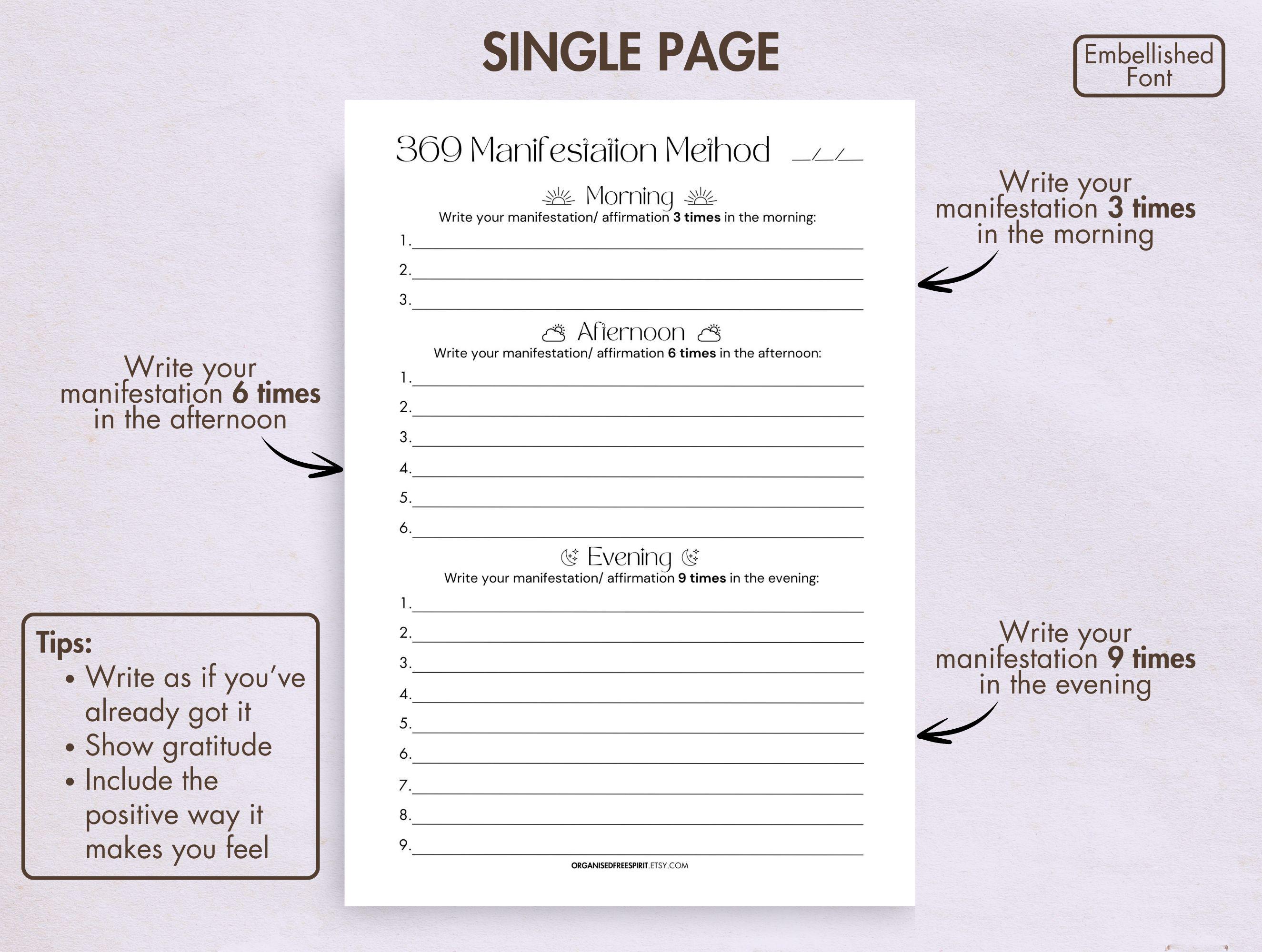369 Manifestation Journal Printable Digital 369 Method Template Law of ...