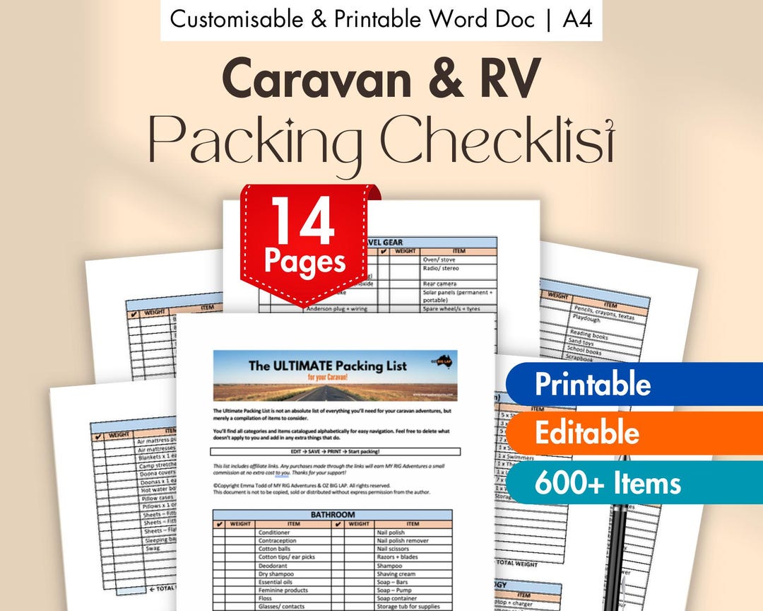 Caravan Packing Checklist Printable RV Packing List Motorhome Planner ...