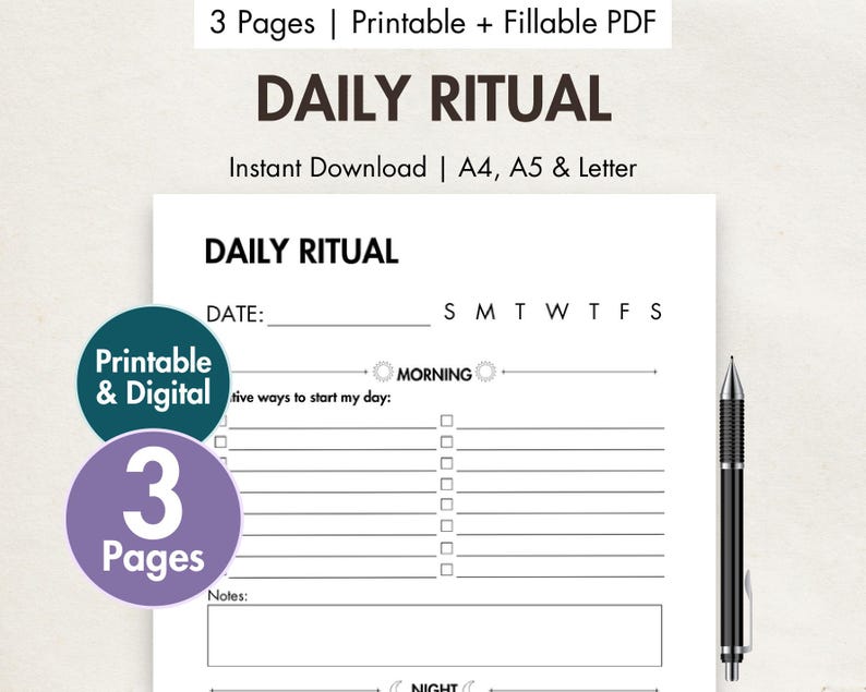 Daily Ritual Journal Printable Digital Daily Habits Tracker Morning ...