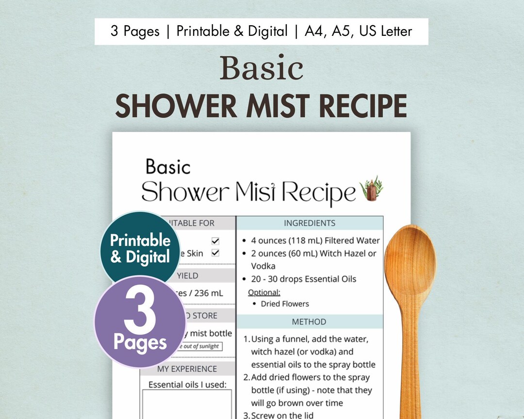 DIY Basic Shower Mist Recipe Printable | Digital Homemade Shower Spray ...