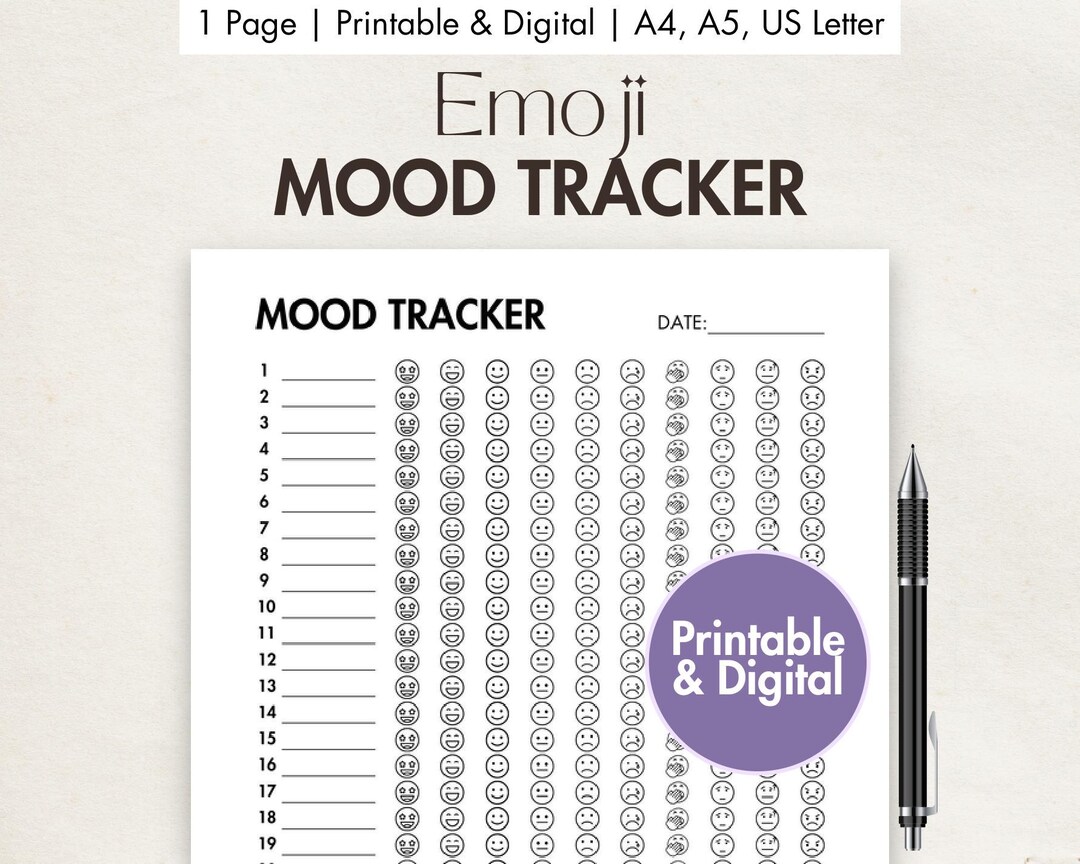 Emoji Mood Tracker Printable & Digital PDF Daily Mood Journal Monthly ...
