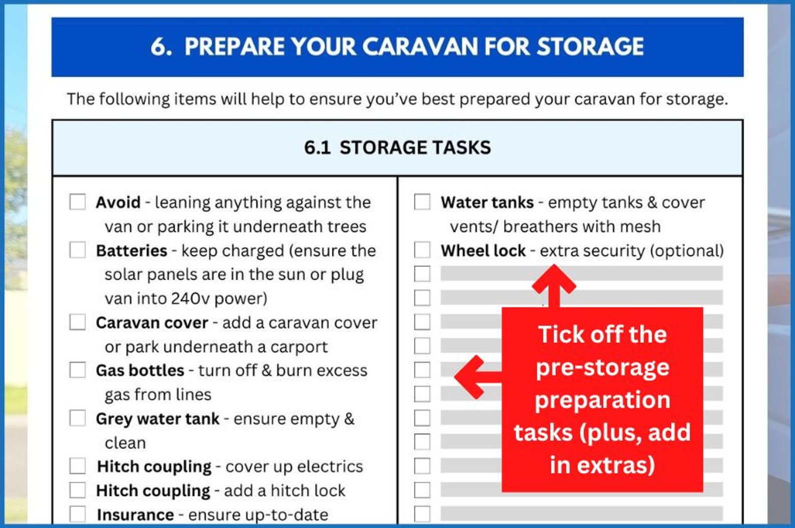Caravan Storage Checklist Digital RV Storage List Motorhome Maintenance ...