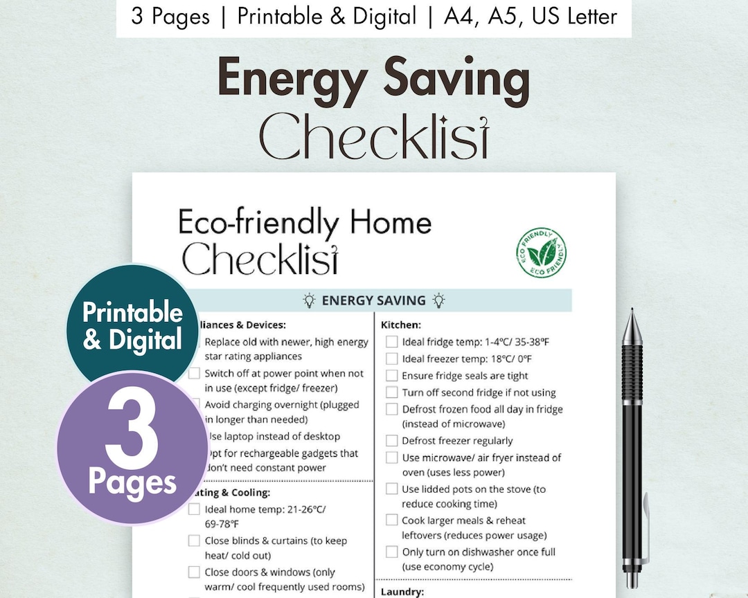 Energy Saving Checklist Printable & Digital Eco-friendly Home Planner ...