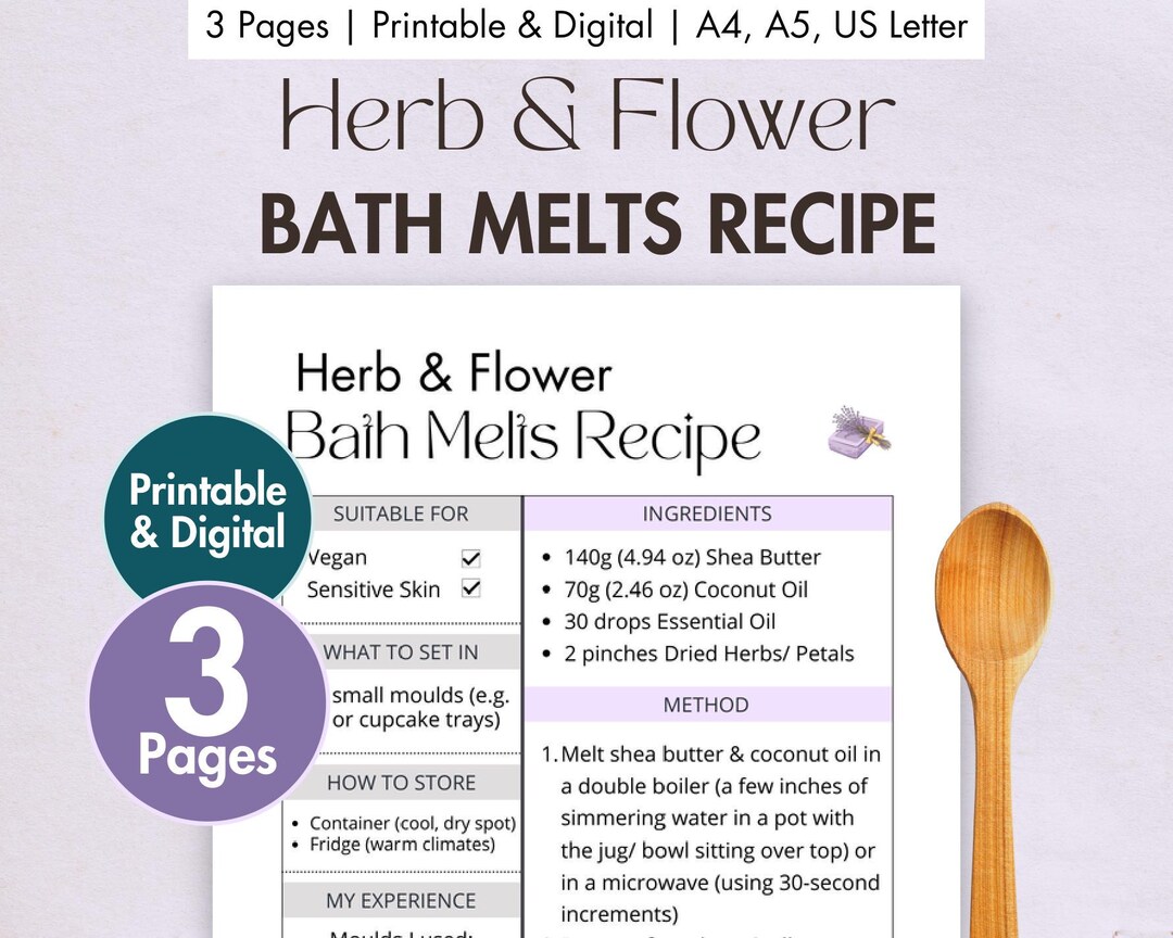 DIY Bath Melts Recipe Card Printable Digital Bath Melts Planner ...