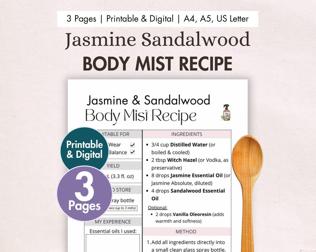 DIY Jasmine & Sandalwood Body Mist Recipe Printable | Sensual ...