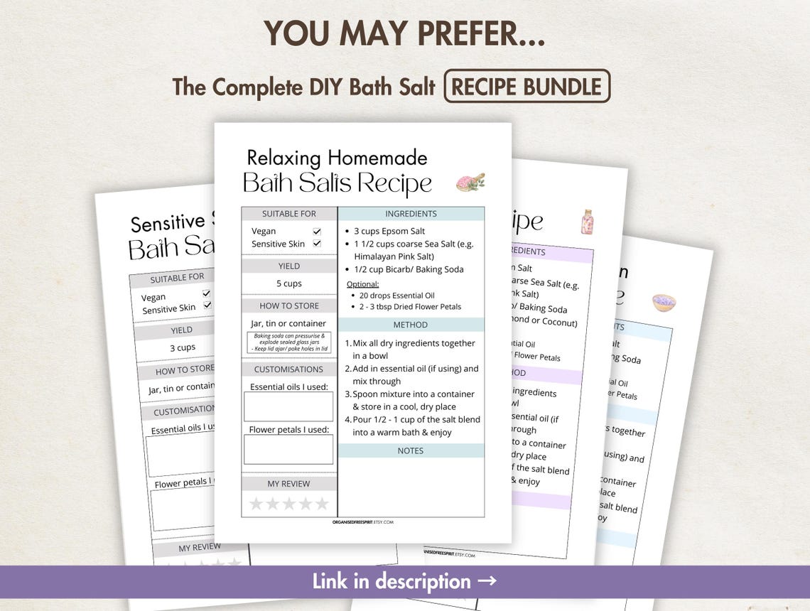DIY Bath Salts Recipe Card Printable Digital Bath Salts Planner ...