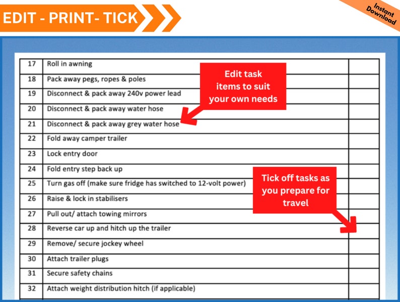 Caravan Pack Down Checklist Printable RV Pre-travel Planner Motorhome ...