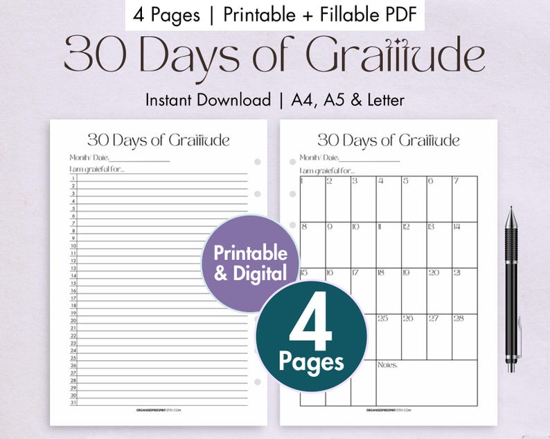 30 Days of Gratitude Journal Printable Digital Monthly Gratitude ...