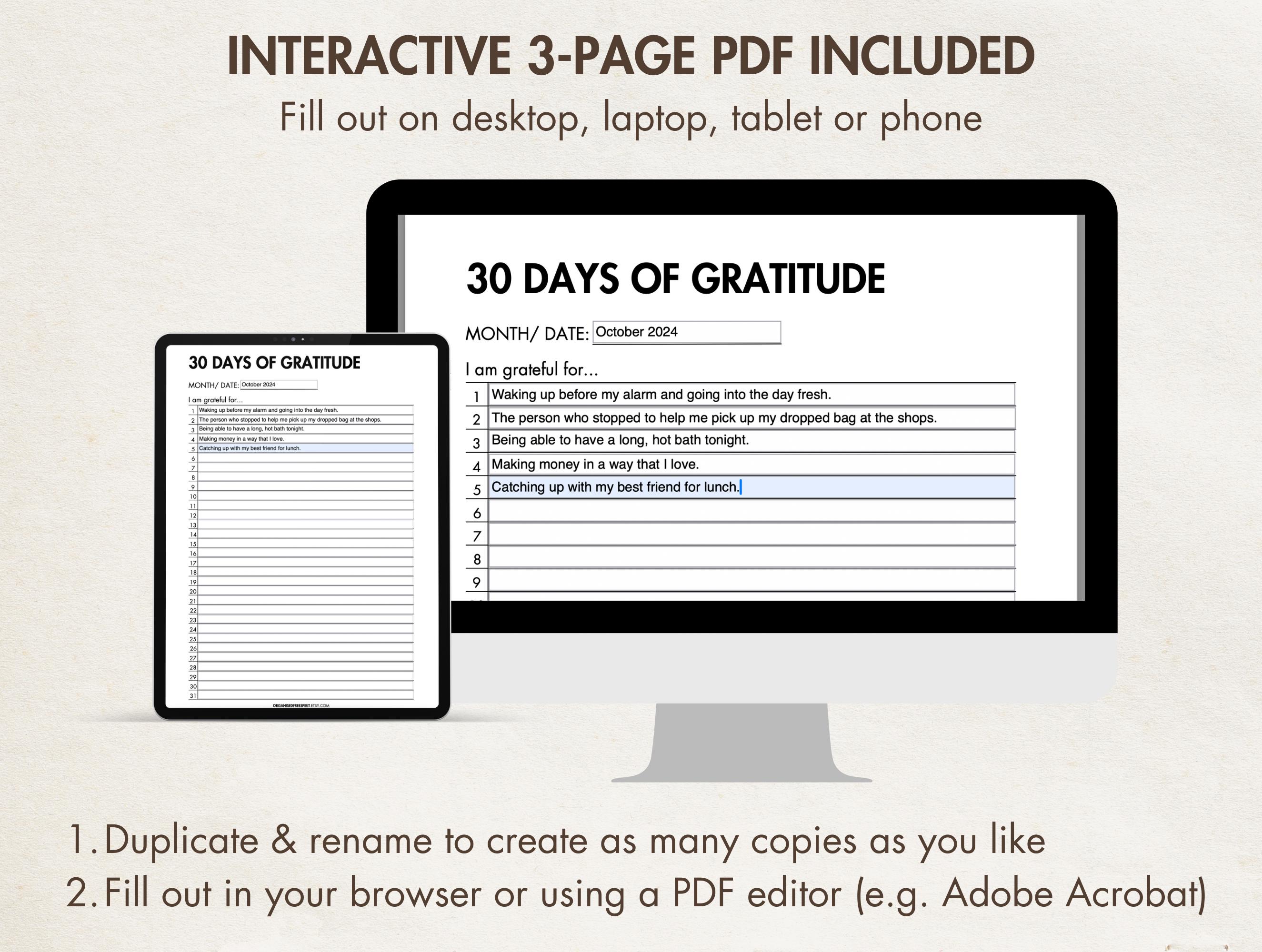 30 Days of Gratitude Journal, Printable Digital PDF, Monthly Gratitude ...