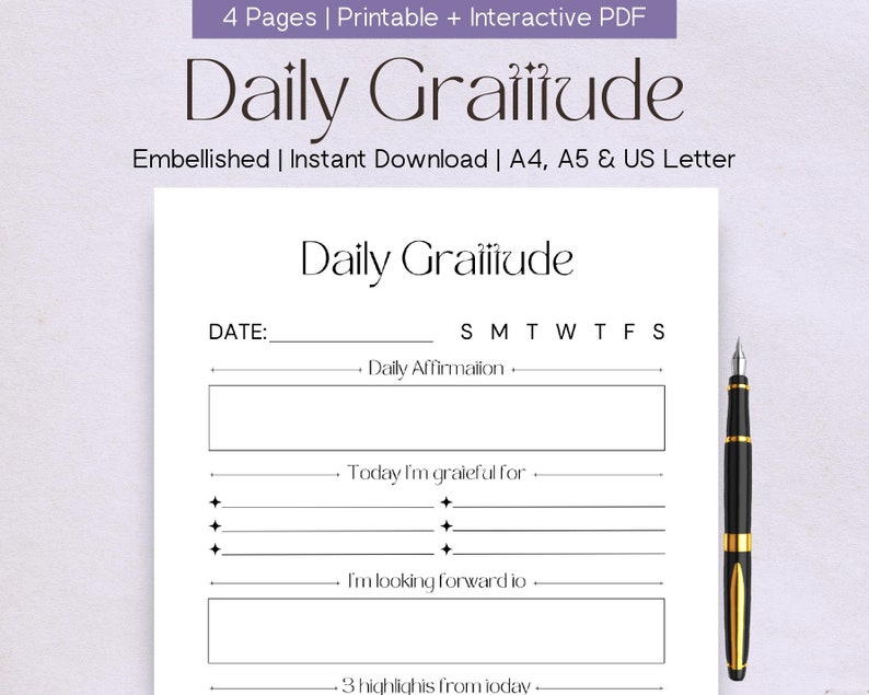 Daily Gratitude Journal Printable Digital PDF, Appreciation Pages ...