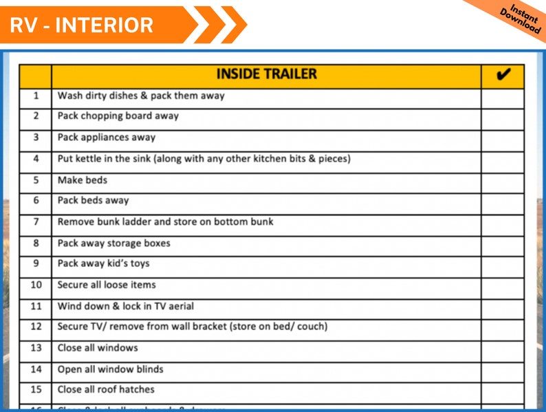 Caravan Pack Down Checklist Printable RV Pre-travel Planner Motorhome ...