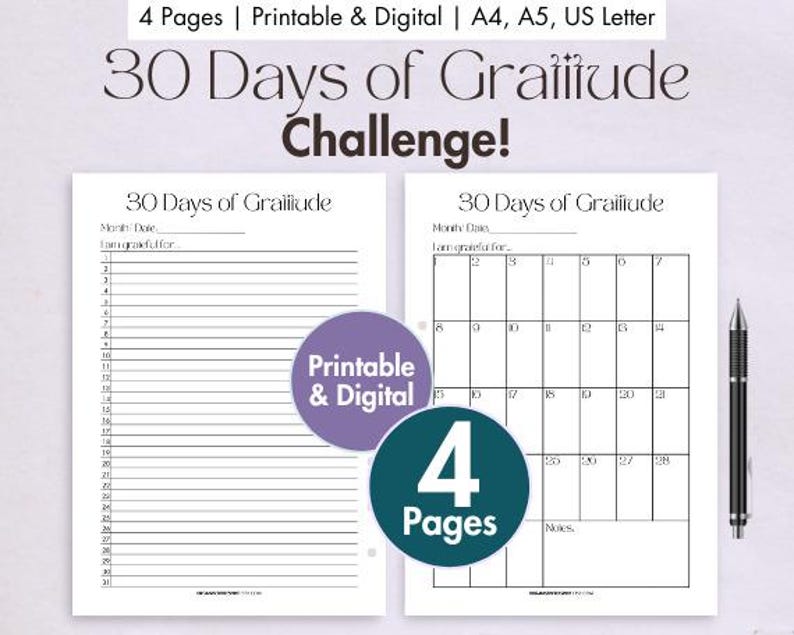 30 Days of Gratitude Journal Challenge Printable Digital Monthly ...