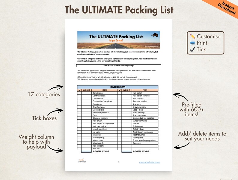 Caravan Packing List Printable Digital RV Checklist Motorhome Planner ...