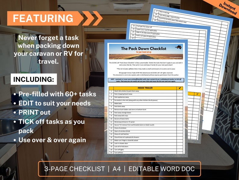 Caravan Pack Down Checklist Printable RV Pre-travel Planner Motorhome ...