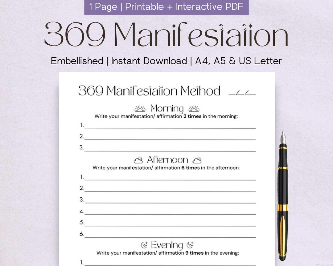 369 Manifestation Journal Printable Digital 369 Method Template Law of ...