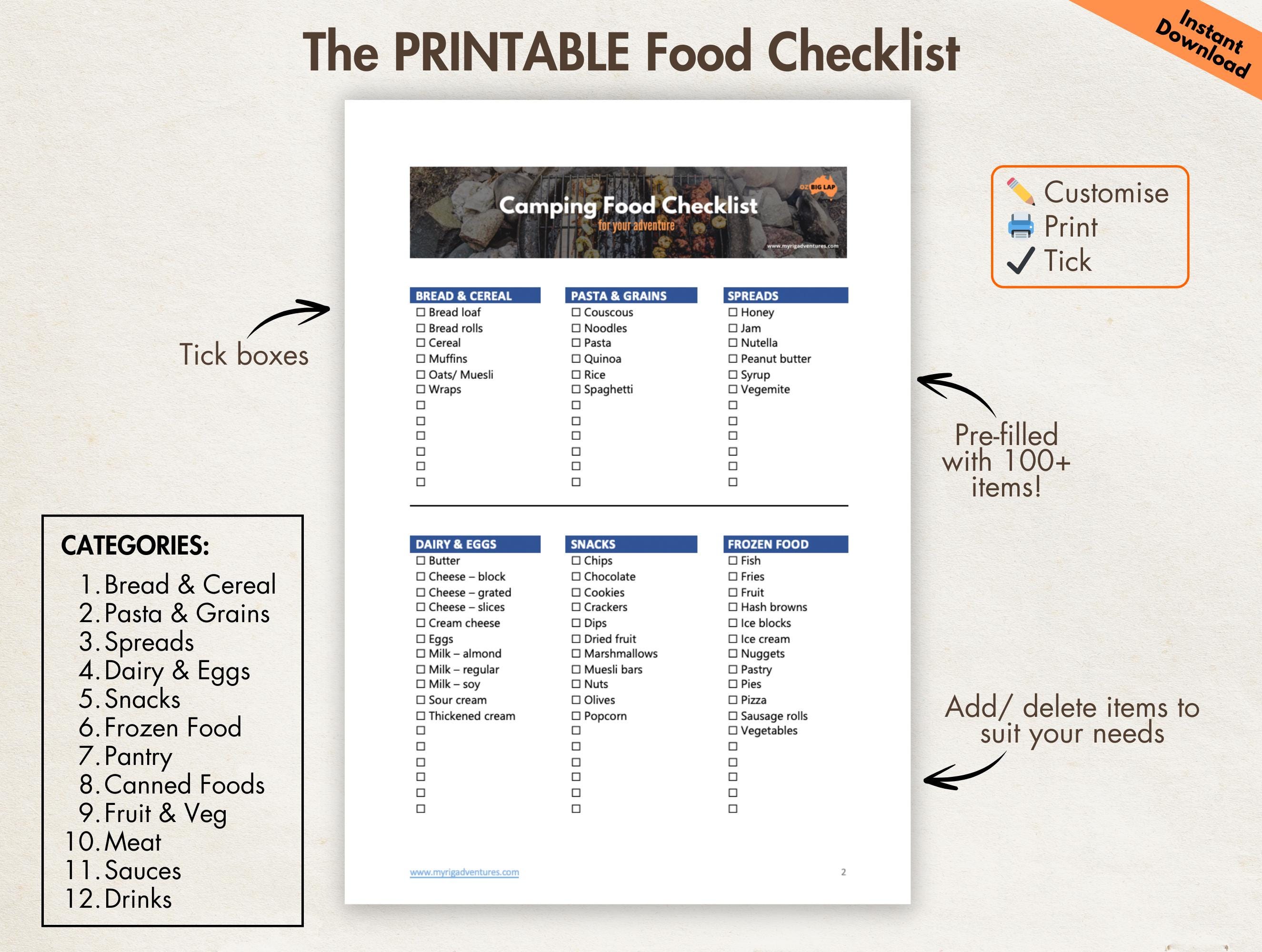 7-day Camping Menu Planner Printable Camping Food Checklist Digital RV ...