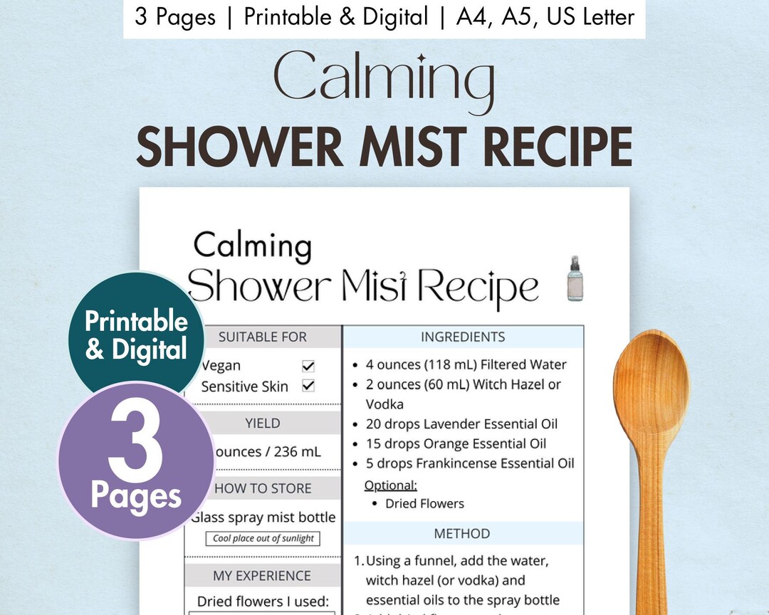 DIY Calming Shower Mist Recipe Printable | Digital Homemade Shower ...