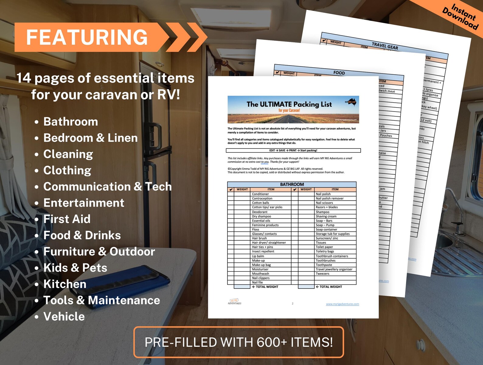 Caravan Packing Checklist Printable RV Planner Motorhome Packing List ...