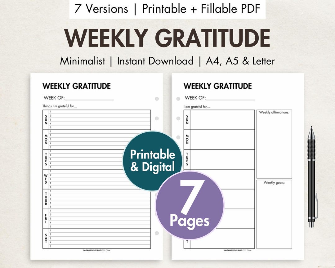 Weekly Gratitude Journal Printable Digital Minimalist Gratitude Journal ...