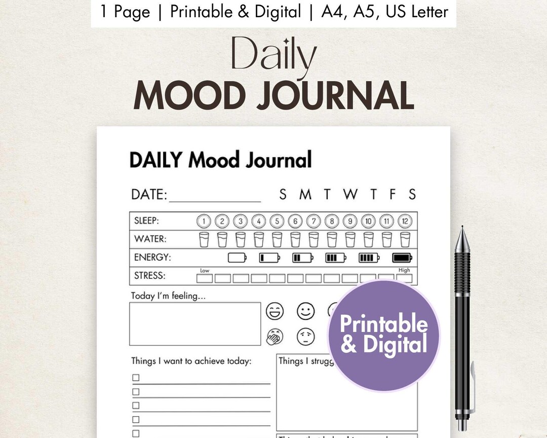 Daily Mood Journal Printable & Digital Mood Tracker Emotion Chart Mood ...